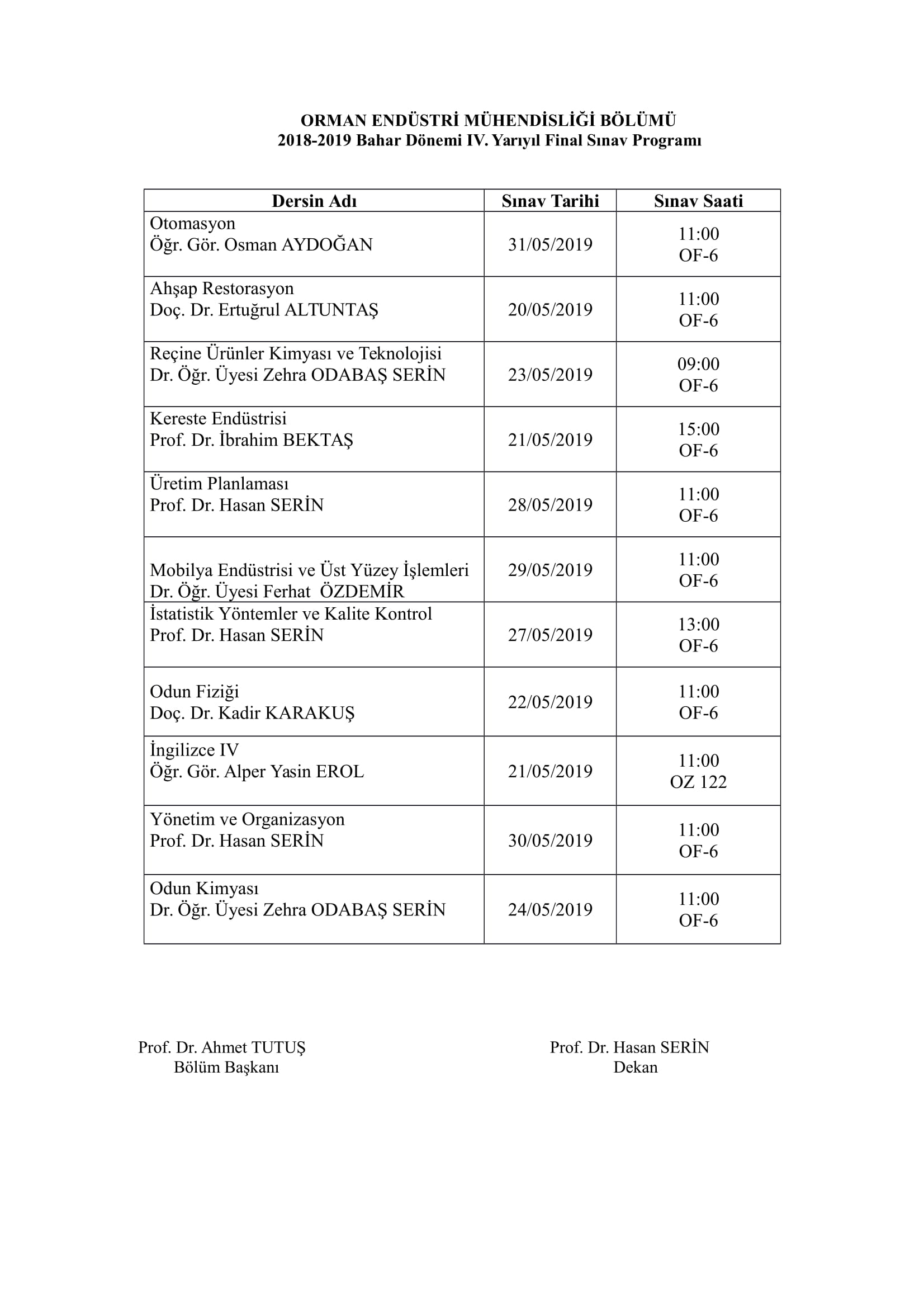 KSÜ - ORMAN ENDÜSTRİ MÜHENDİSLİĞİ BÖLÜMÜ 2018-2019 BAHAR YARIYILI LİSANS FİNAL SINAV PROGRAMI